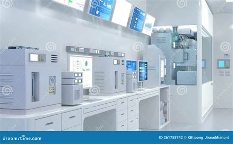 White Futuristic Digital Laboratory With Machine And Computer Screen