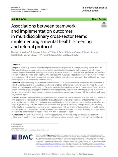 Pdf Associations Between Teamwork And Implementation Outcomes In Multidisciplinary Cross