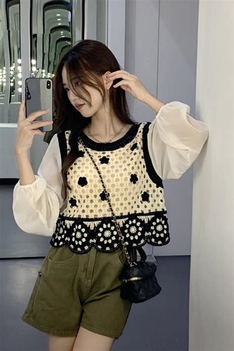 페이크 투피스 앤틱 레트로 크로셰 자카드 스타일 꽃 무늬 자수 폴카 도트 펀칭 시스루 라운드넥 박시 박스 여리 핏 스캘럽 니트 민소매 긴팔 퍼프 소매 블라우스 봄 가을