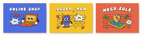 노트북의 트렌디 그루비 프로모션 캐릭터가 있는 전단지 레터링이 있는 스마트폰 온라인 상점 메가 세일 지금 주문하세요 당신의 디자인을 위한 도트 하프톤 질감이 있는 만화
