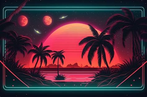 Premium Ai Image Synthwave Neon Landscape With Palm Trees And Sunset