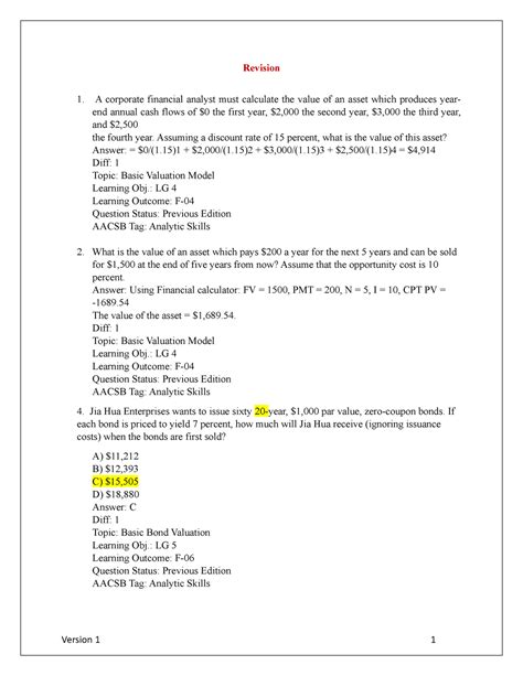 Revision For FINC Revision A Corporate Financial Analyst Must Calculate The Value Of An Asset