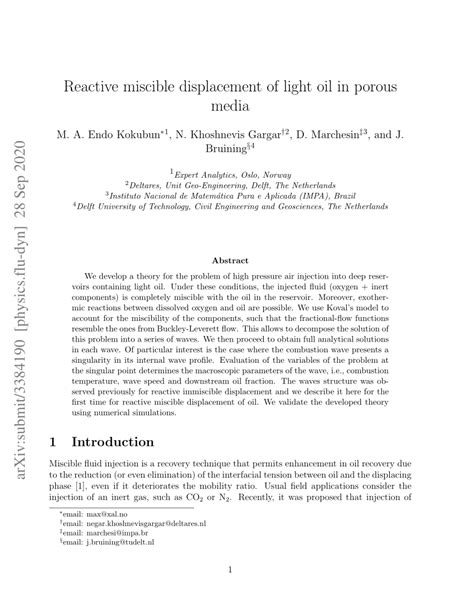 Pdf Reactive Miscible Displacement Of Light Oil In Porous Media