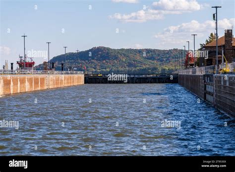 Sailing Into The Lock And Dam No On Upper Mississippi Near Hannibal Missouri In The Fall