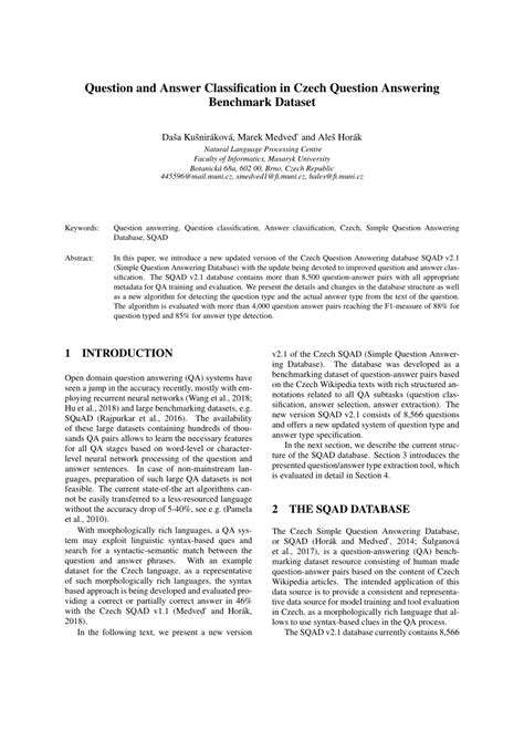 Pdf Question And Answer Classification In Czech Question Answering Benchmark Dataset
