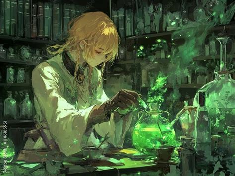 Anime Character Crafting Potions In A Magical Laboratory Fantasy
