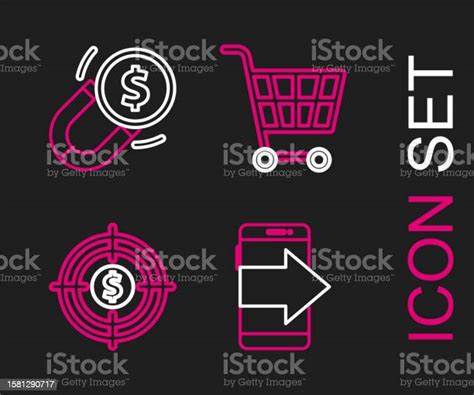 라인 스마트 폰 휴대 전화 달러 쇼핑 카트 및 자석 돈 아이콘으로 대상을 설정합니다 벡터 0명에 대한 스톡 벡터 아트 및 기타