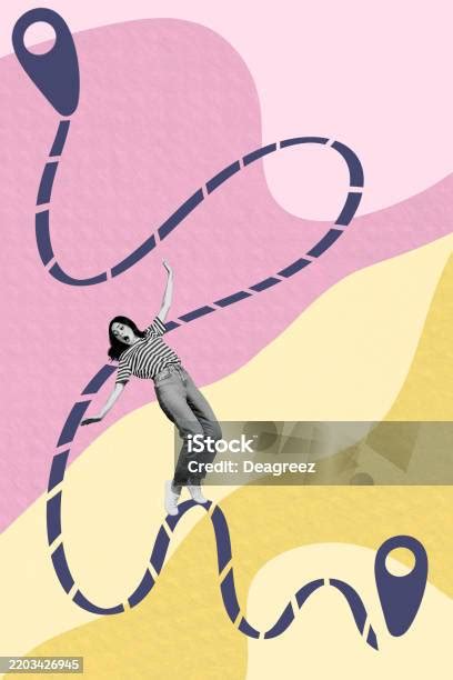 스케치 이미지 삽화 합성물 3d 사진 콜라주 아가씨 스탠드 균형 로드맵 해외 여행 글로벌 에이전시 주말 관광 여행 출발 20 24세에 대한 스톡 사진 및 기타 이미지