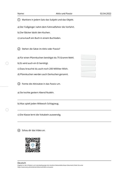Arbeitsblatt Aktiv Und Passiv Deutsch Tutoryde