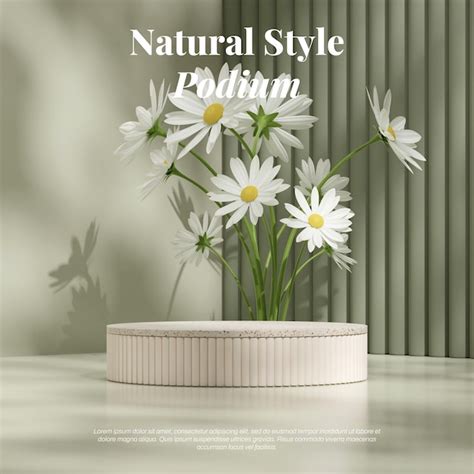 Белая ромашка и зеленый фон 3d рендеринг шаблона макет подиума текстуры терраццо в квадрате