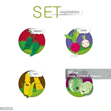 무 할라피뇨 옥수수 빙산 양상추 종이 잘라구름 과 같은 귀여운 채소 세트 포스터 엽서 포장을 위한 템플릿 건강한 식생활에 대한 스톡 벡터 아트 및 기타 이미지 Istock