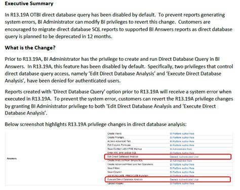 otbi direct database query feature removal and fix obsolete