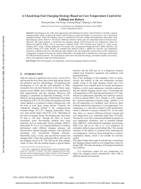 A Closed Loop Fast Charging Strategy Based On Core Temperature Control For Lithium Ion Battery Pdf
