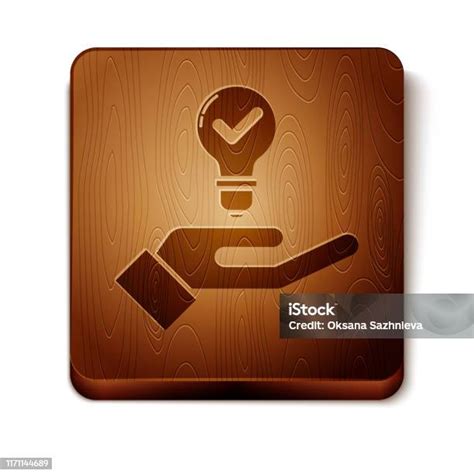 흰색 배경에 격리 된 손 아이콘에 갈색 전구 아이디어의 개념 나무 사각형 버튼입니다 벡터 일러스트레이션 개념에 대한 스톡 벡터 아트 및 기타 이미지 Istock