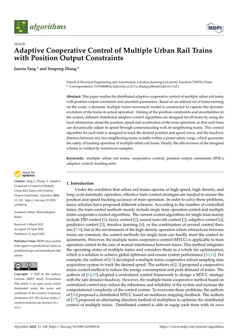 Pdf Adaptive Cooperative Control Of Multiple Urban Rail Trains With Position Output Constraints