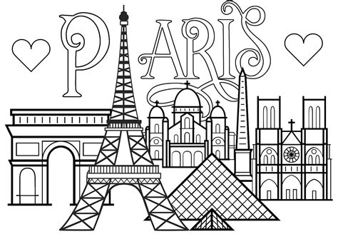Paris Famous Monuments And Text Paris Coloring Pages For Adults
