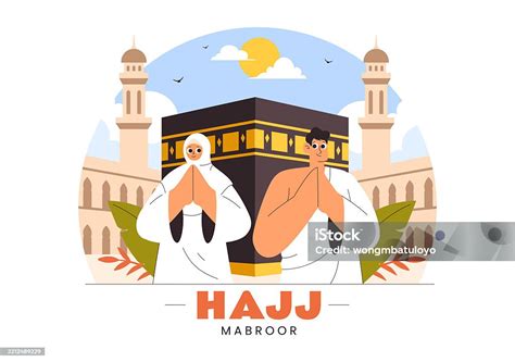 Hajj 또는 Umrah Mabroor 벡터 일러스트 레이 션은 평평한 배경에 카바 와 모스크와 함께 메카 순례를 수행하는 무슬림을 특징으로합니다 Umrah에 대한 스톡