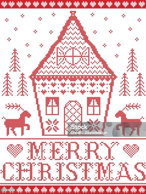 북유럽 스타일 크로스 스티치 빨간색과 흰색 싸구려 집 크리스마스 트리 스타 눈송이 심장 순 록을 포함 한 스칸디나비아 크리스마스 패턴 그림에 의해 영감을 겨울에 대한 스톡