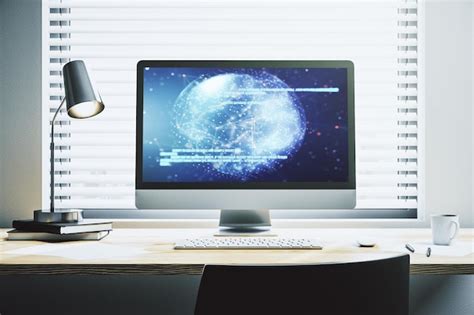 추상적인 프로그래밍 언어 홀로그램과 세계 지도 인공지능 및 신경망 개념을 가진 현대 컴퓨터 디스플레이 3d 렌더링 프리미엄 사진