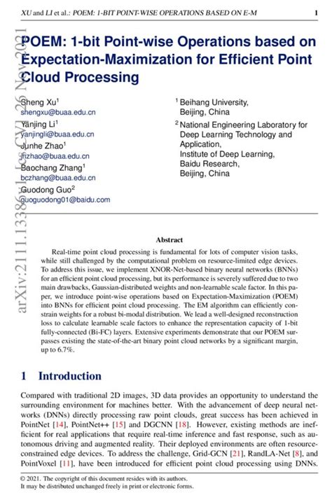 poem 1 bit point wise operations based on expectation maximization for efficient point cloud