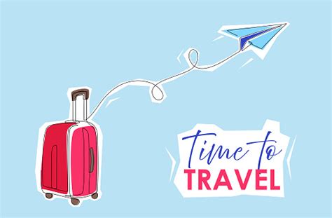 여행 가방의 스티커 종이 계획 및 선형 아트 스타일의 글자 연속적인 한 줄의 그리기 빨간 케이스 수하물 가방 종이 비행기의 단일 선 그림 스티커가 있는 배너 편집 가능한 획