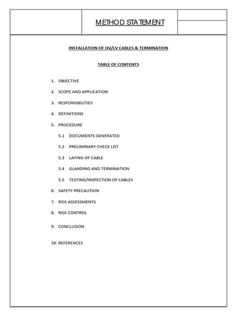 Method Statement Installation Of Hv Lvcables Pdf Specification Technical Standard Safety