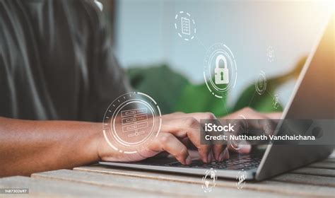 Man Typing Password And Security Privacy Hacker Protect Laptop Identity