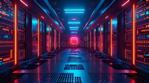 Futuristic Server Room With Glowing Blue And Red Lights Depicting Advanced Data Technology And