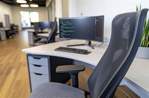Modern Office Workspace With Ergonomic Chair And Computer Stock
