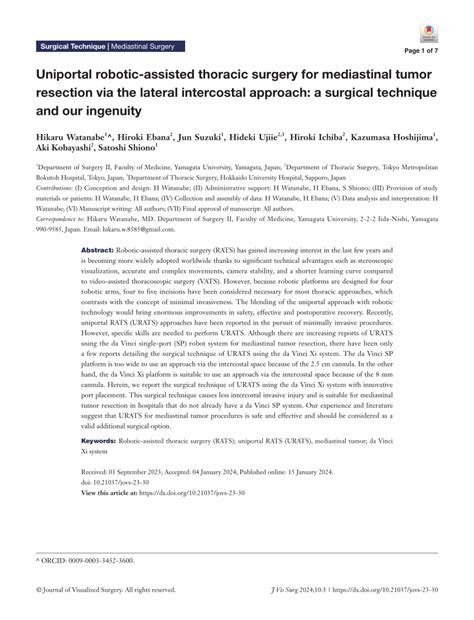 Pdf Uniportal Robotic Assisted Thoracic Surgery For Mediastinal Tumor