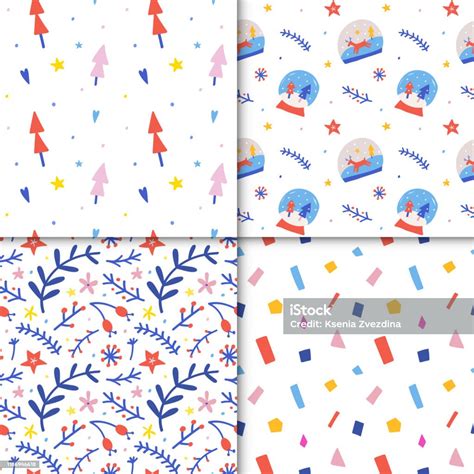 크리스마스 원활한 패턴의 컬렉션입니다 귀여운 만화 일러스트와 장식품으로 만든 다채로운 겨울 벡터 배경의 집합입니다 벽지로 좋은 순록에 대한 스톡 벡터 아트 및 기타 이미지