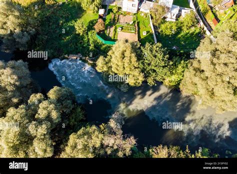 Poorly Treated Sewage Discharge From Municipal Treatment Plants Into The River Aerial View