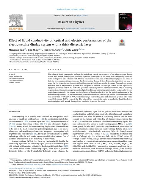 Pdf Effect Of Liquid Conductivity On Optical And Electric Performances Of The Electrowetting