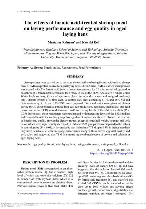 Pdf The Effects Of Formic Acid Treated Shrimp Meal On Laying Performance And Egg Quality In
