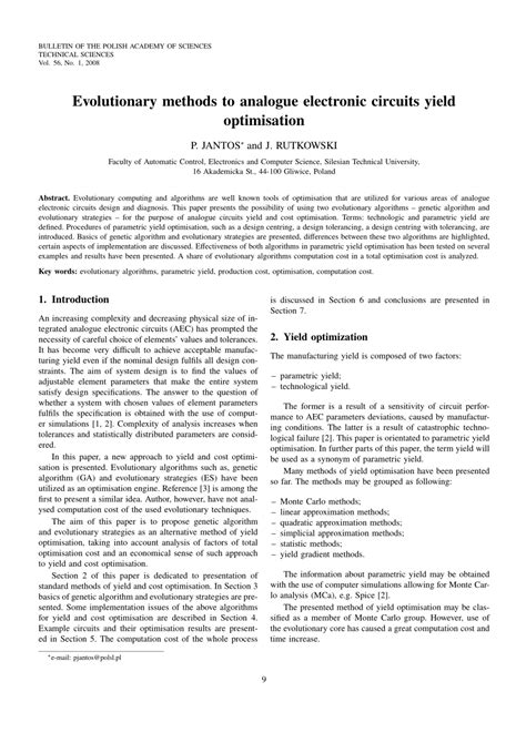 Pdf Evolutionary Methods To Analogue Electronic Circuits Yield