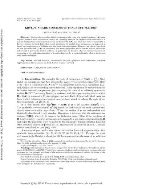 Pdf Krylov Aware Stochastic Trace Estimation