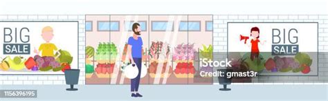 식료품 점 슈퍼마켓 외관 큰 판매 쇼핑 개념 평면 수평 전체 길이 앞에 서 쇼핑 가방 남자를 들고 캐주얼 남자 가방에 대한 스톡 벡터 아트 및 기타 이미지 Istock
