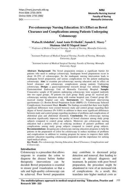 Pdf Pre Colonoscopy Nursing Education Its Effect On Bowel Clearance And Complications Among