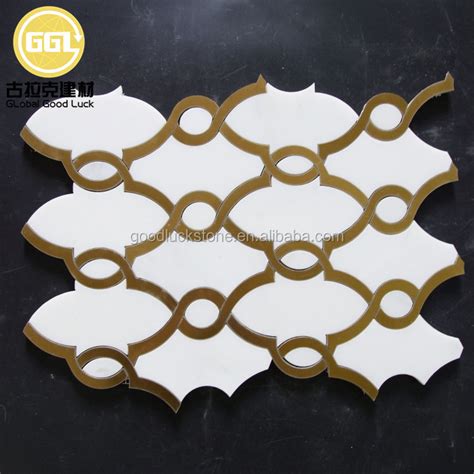 Buy Thassos White Marble And Brass Inlay Waterjet Mosaic Backsplash