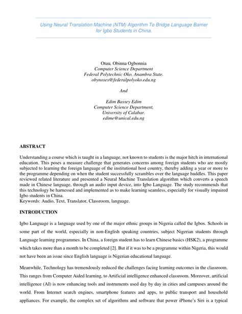 Pdf Using Neural Translation Machine Ntm Algorithm To Bridge Language Barrier For Igbo