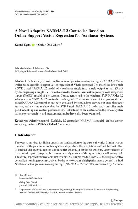 a novel adaptive narma l2 controller based on online support vector