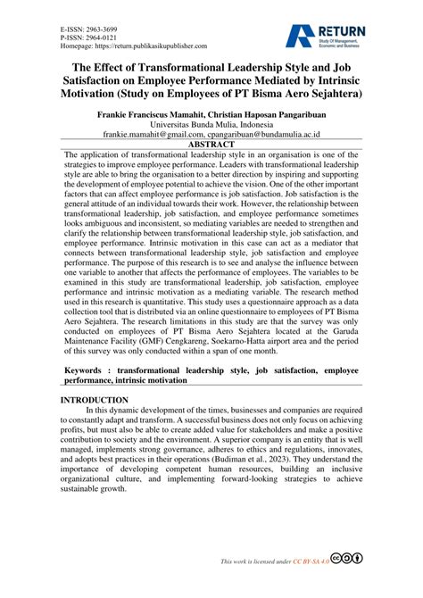 Pdf The Effect Of Transformational Leadership Style And Job