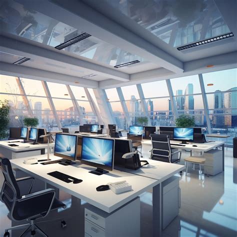 Premium Ai Image Modern Office Interior With Desks Computers And Windows