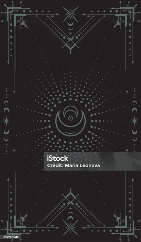 달 위상 초승달 별과 빔을 포함하여 화려한 기하학적 프레임벡터 신비한 어두운 보헤미안 배경 마법의 상징과 신비 수직 배너 타로 카드 커버 초자연적인에 대한 스톡 벡터 아트