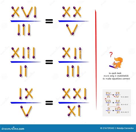Logic Puzzle Game With Matches In Each Task Move Only 1 Matchstick To Make Equations Correct