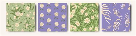 현대 식물 꽃 추상적 인 세트의 원활한 패턴 트렌디 한 기술의 꽃과 식물 녹색과 라일락 인쇄 종이 포장 커버 직물 실내 장식을위한 디자인 현대 미술 벡터 개체 그룹에 대한