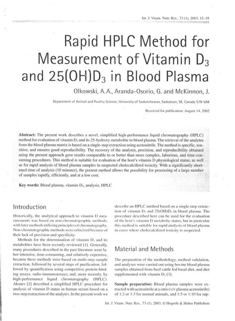 Pdf Rapid Hplc Method For Measurement Of Vitamin D3 And 25ohd3 In