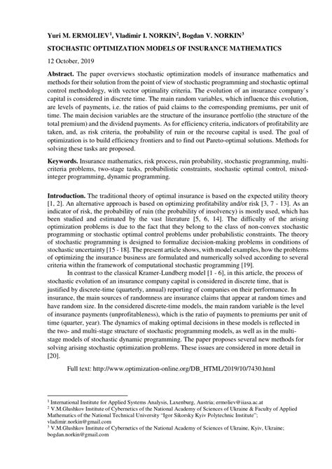 Pdf Stochastic Optimization Models Of Insurance Mathematics