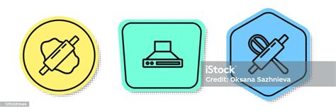 반죽에 라인 롤링 핀을 설정 주방 추출기 팬과 거품기와 롤링 컬러 셰이프입니다 벡터 가정 주방에 대한 스톡 벡터 아트 및 기타 이미지 가정 주방 가정의 방 개인