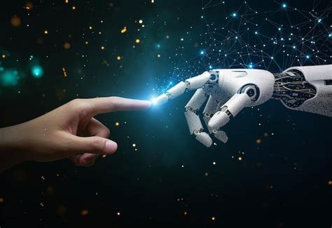 Premium Photo Robot Hand And Human Touch On Big Data Network Connection Background Science And